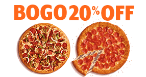 Little Caesars promotion: BOGO 20% off. Two large pizzas shown—one ...