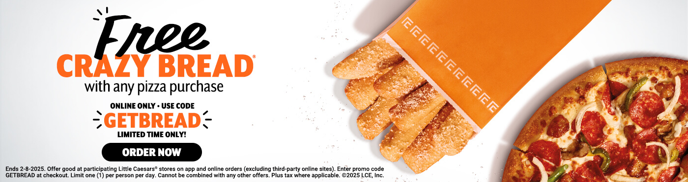 Free Crazy Bread® with any pizza purchase. online only. Use code ...