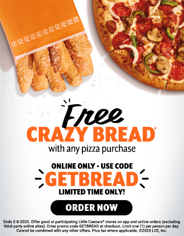 Free Crazy Bread® with any pizza purchase. online only. Use code ...